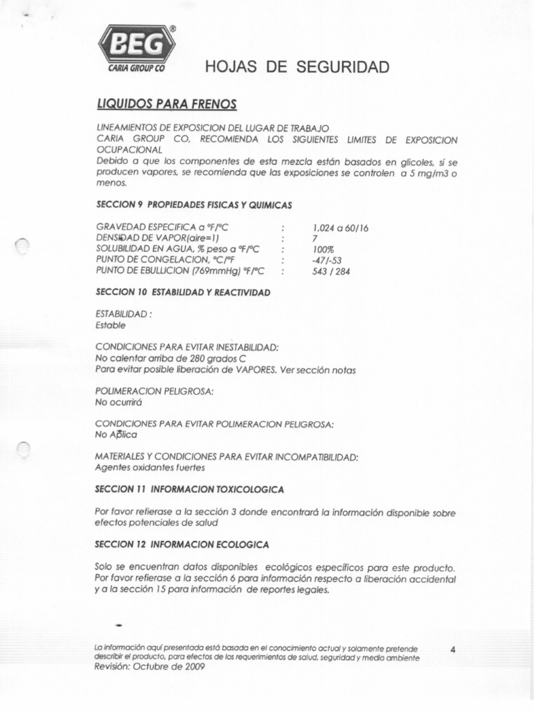 Hoja de Seguridad Liquido de Frenos | PDF