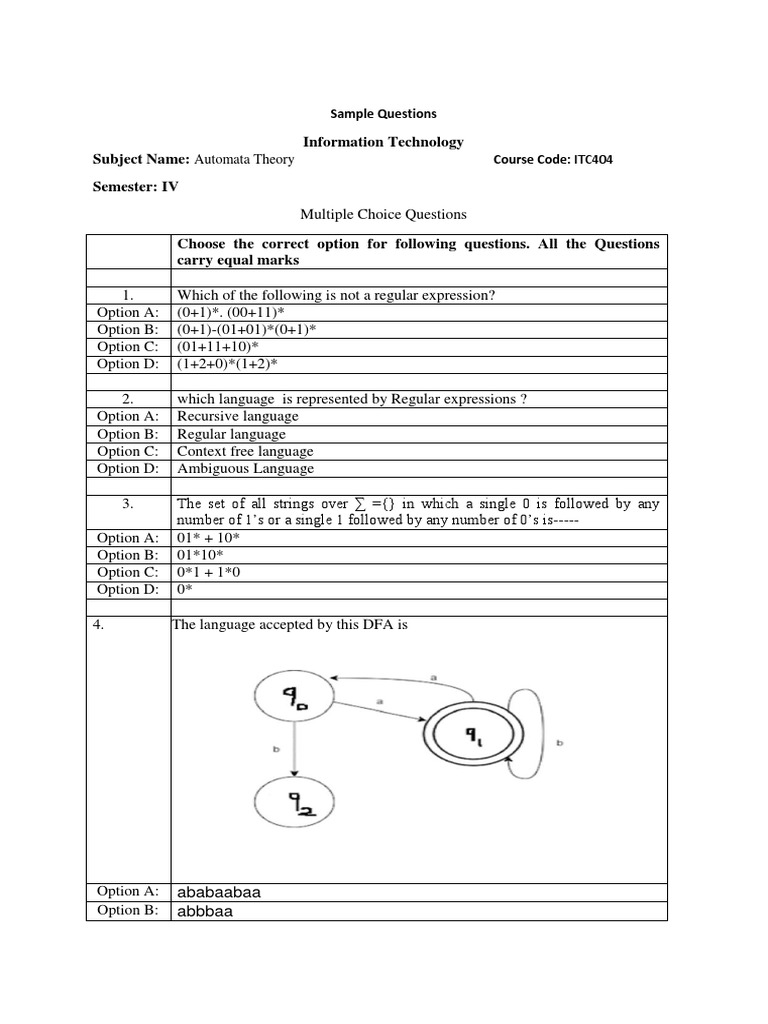 Automata Theory Quiz for IT Students | PDF | Models Of Computation | Syntax