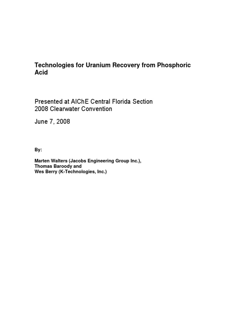 Technologies For Uranium Recovery From Phosphoric | PDF | Enriched Uranium | Nuclear Fuel