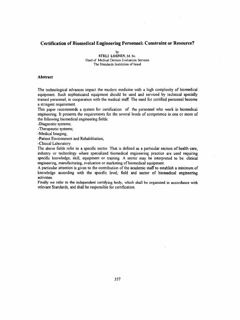 Certification of Biomedical Engineering Personnel: Constraint or ...