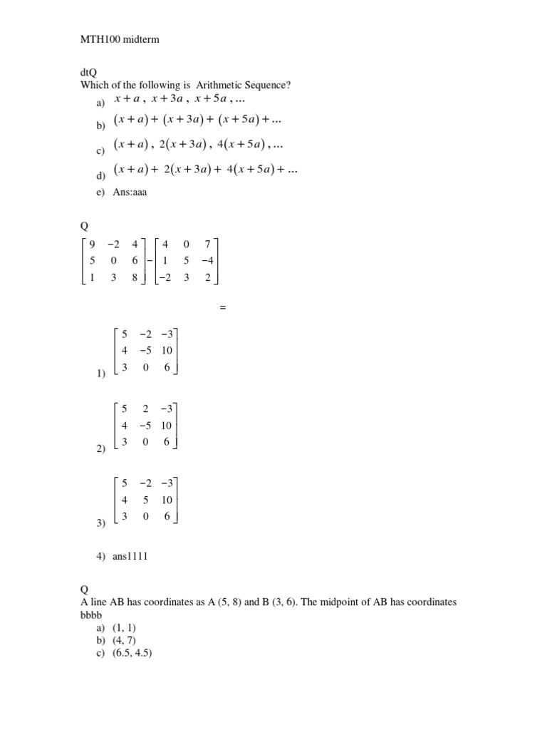 MTH100 SOLVED MCQs MID TERM | PDF | Matrix (Mathematics) | Determinant
