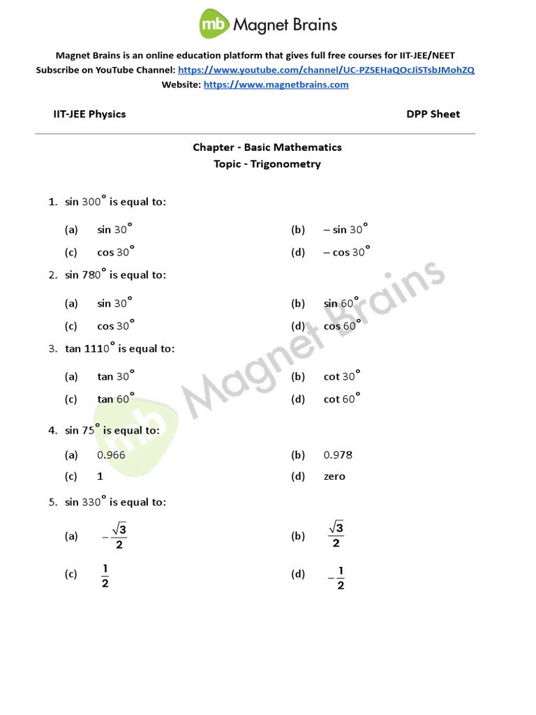 Iit Jee Physics Basic Mathematics Trigonometry Dpp Sheet Pdf