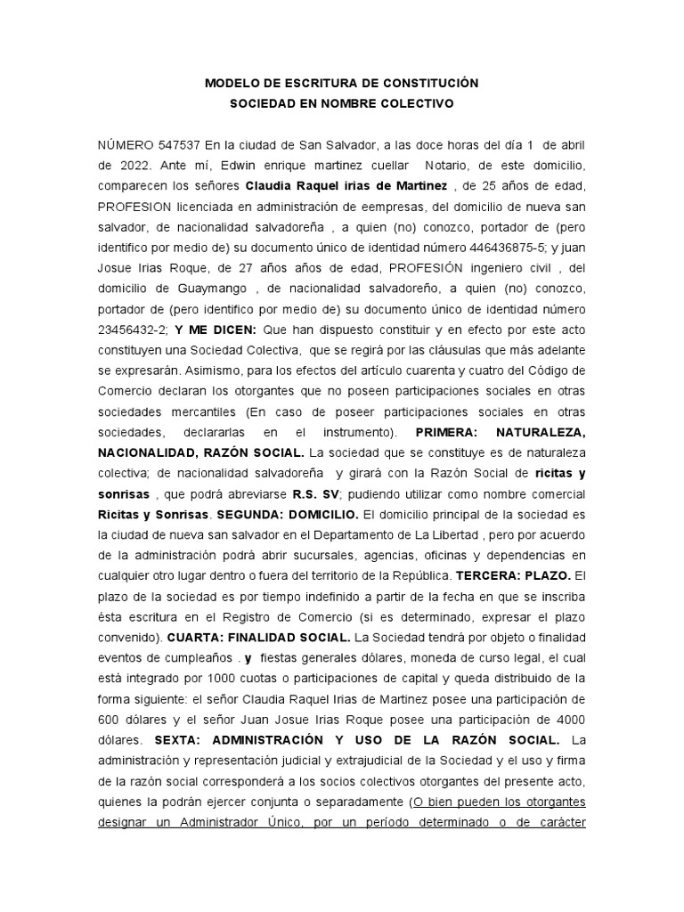MODELO ESCRITURA SOCIEDAD EN NOMBRE COLECTIVO EN BLANCO Llena | PDF | Sociedad de ...