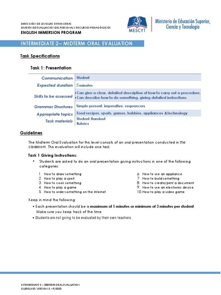 Intermediate 2 - Midterm Oral Evaluation: Task Specifications Task 1: Presentation | PDF