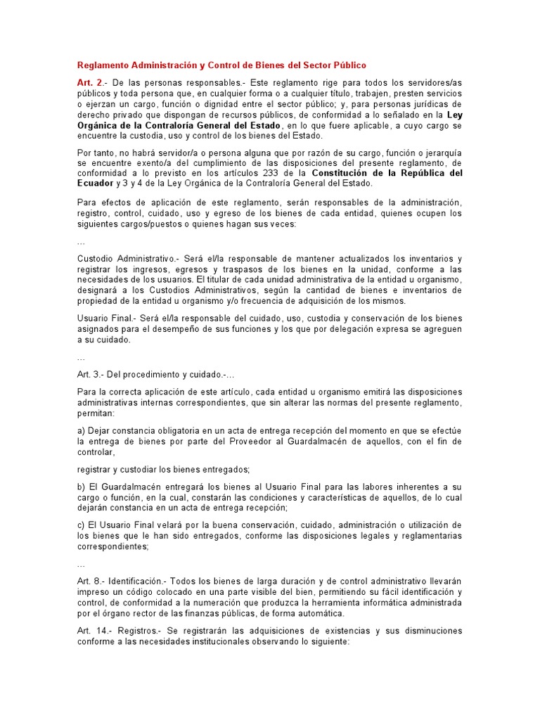 Reglamento Administración y Control de Bienes Del Sector Público | PDF | Regulación | Justicia
