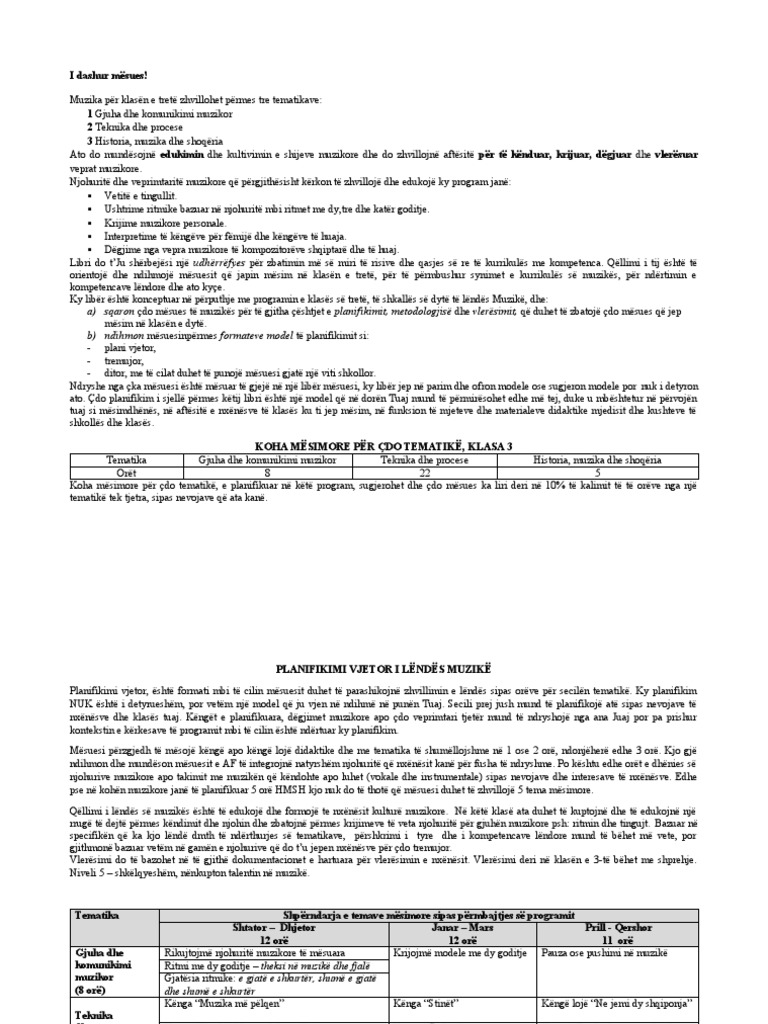 MUZIKA 3 Plani Mesimor Vjetor | PDF