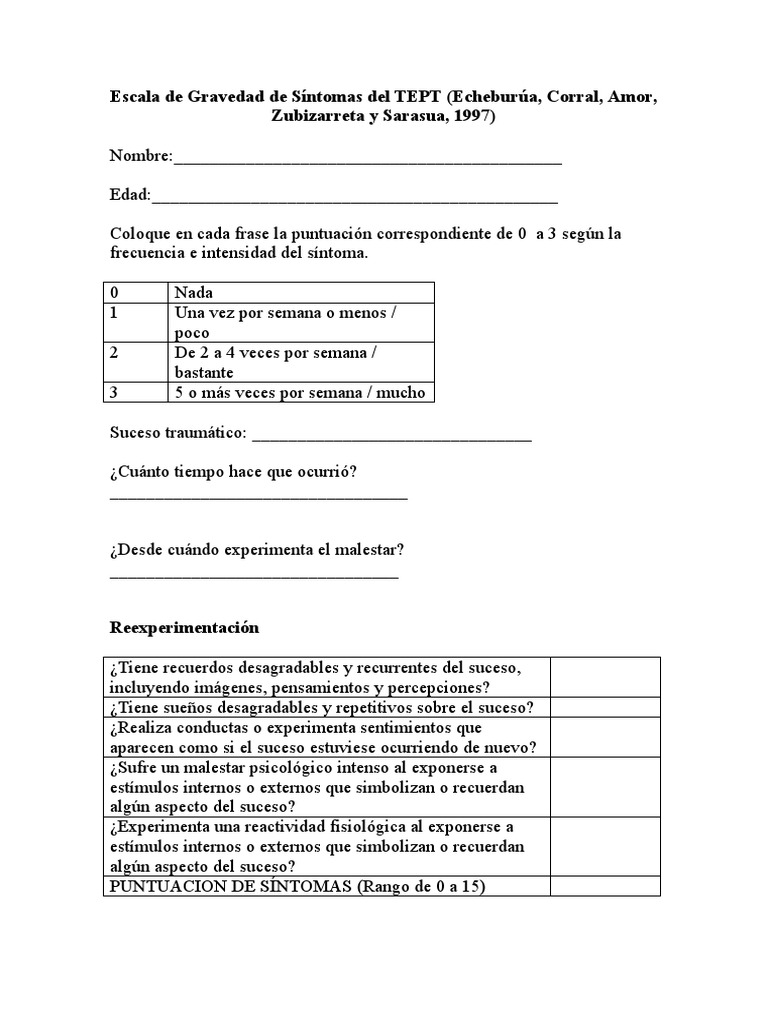 Escala de Gravedad de Sintomas Del TEPT (Echeburua) | PDF | Trastorno ...