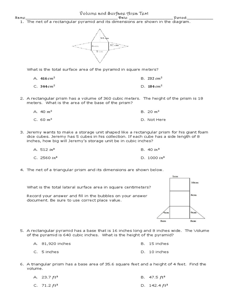 Volume and Surface Area Test Questions | PDF | Teaching Methods ...