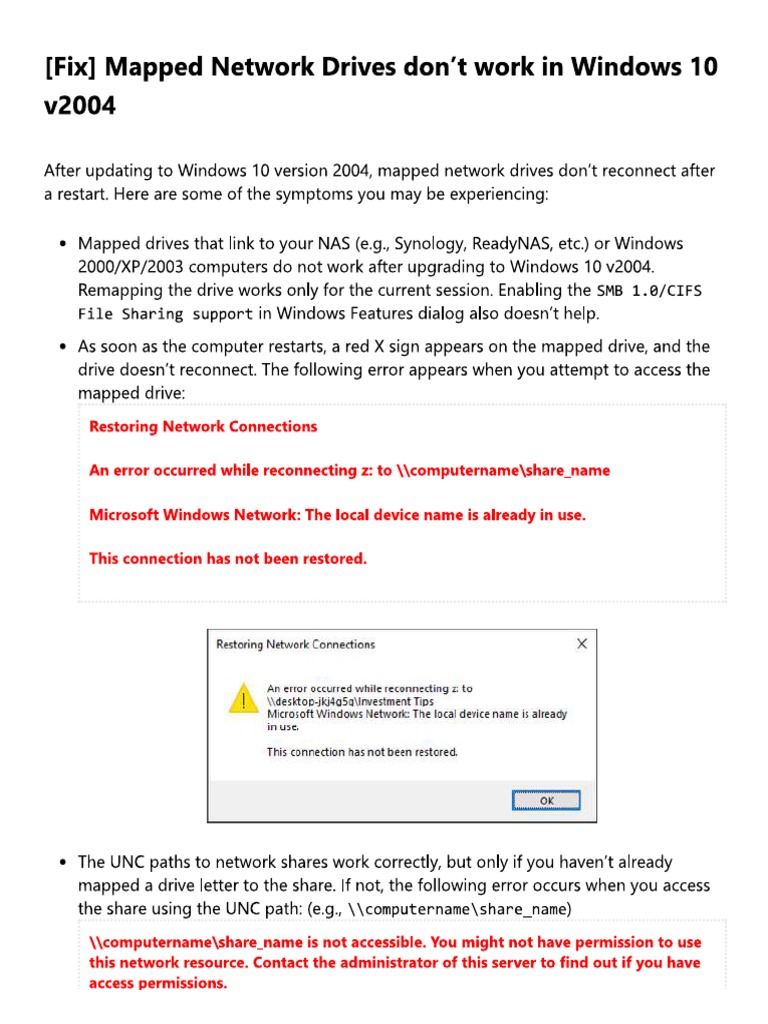 Fix Mapped Network Drives Don't Work in Windows 10 v2004 | PDF
