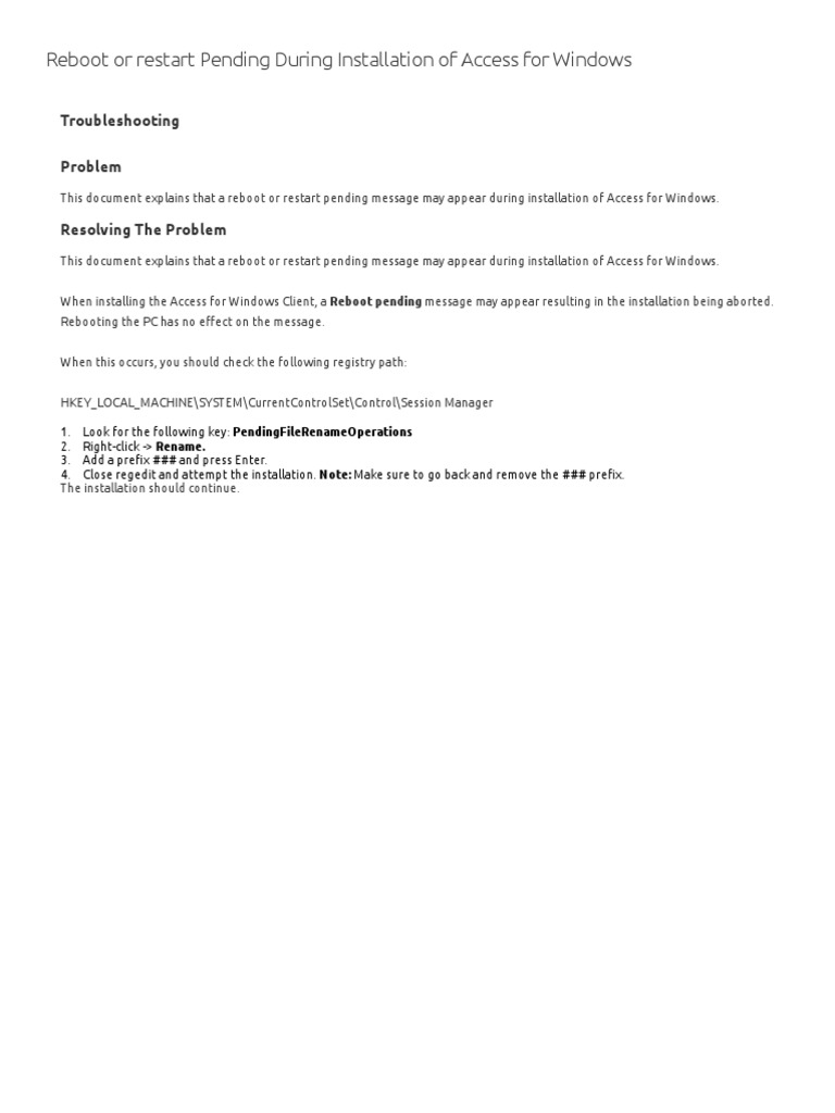 Reboot or Restart Pending During Installation of Access For Windows ...