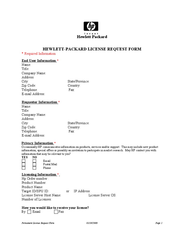 HP License Request Form Guide | PDF | Computers