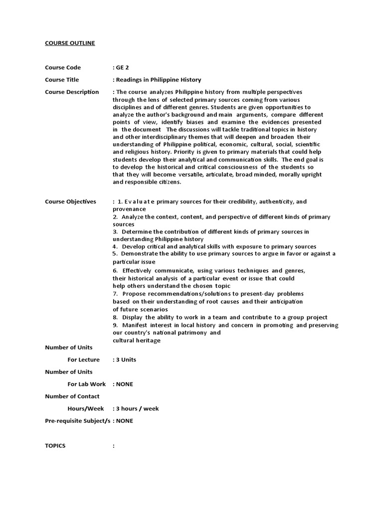 Course Outline. GE 2. HIST. 141. ECON. 111. GE 3 For The Students | PDF ...
