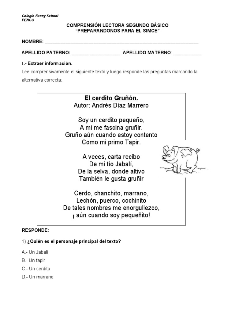 242281077 Comprension Lectora Segundo Basico Doc | PDF | Cerdo