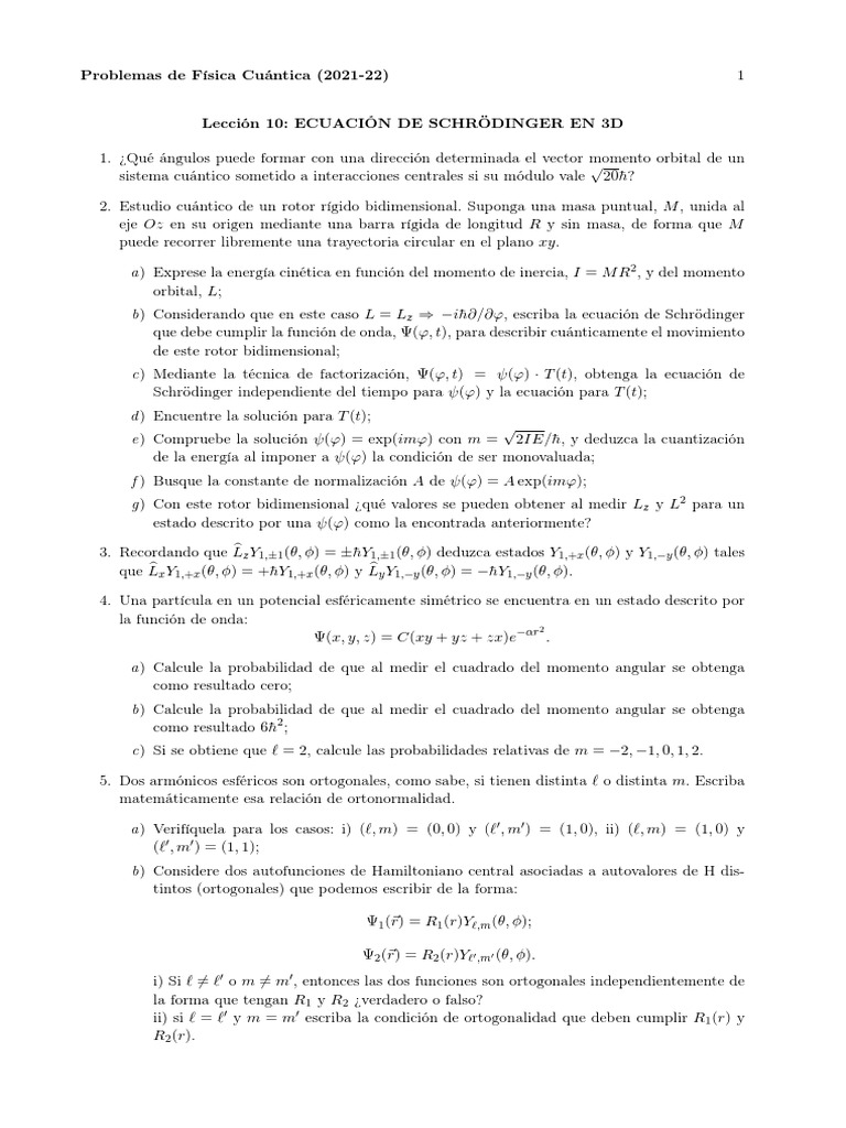 Problemas 10 | PDF | Ecuación de Schrödinger | Mecánica cuántica