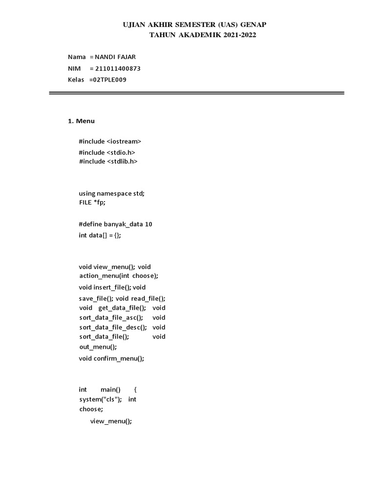 NANDI FAJAR - 211011400873 - 02TPLE009 - UAS ALGOritma | PDF | Computer ...