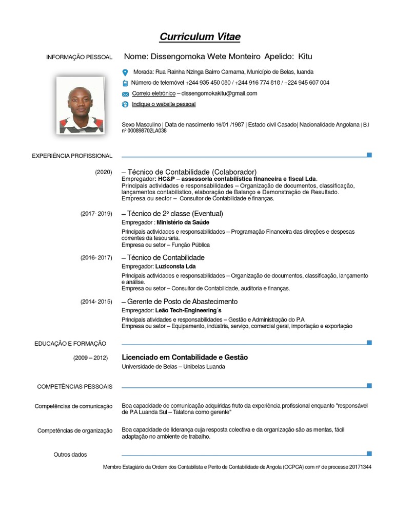 [Curriculum Vitae de um Contabilista Angolano] | PDF | Contabilidade | Angola