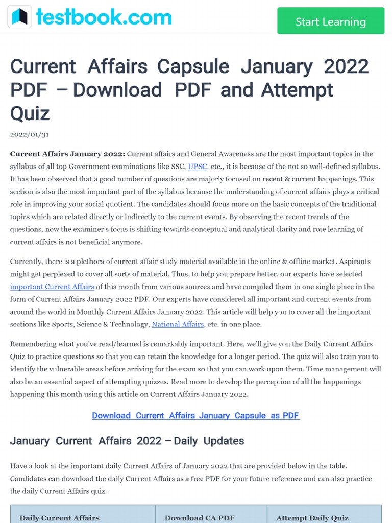 Monthly Current Affairs PDF January 2022 | PDF