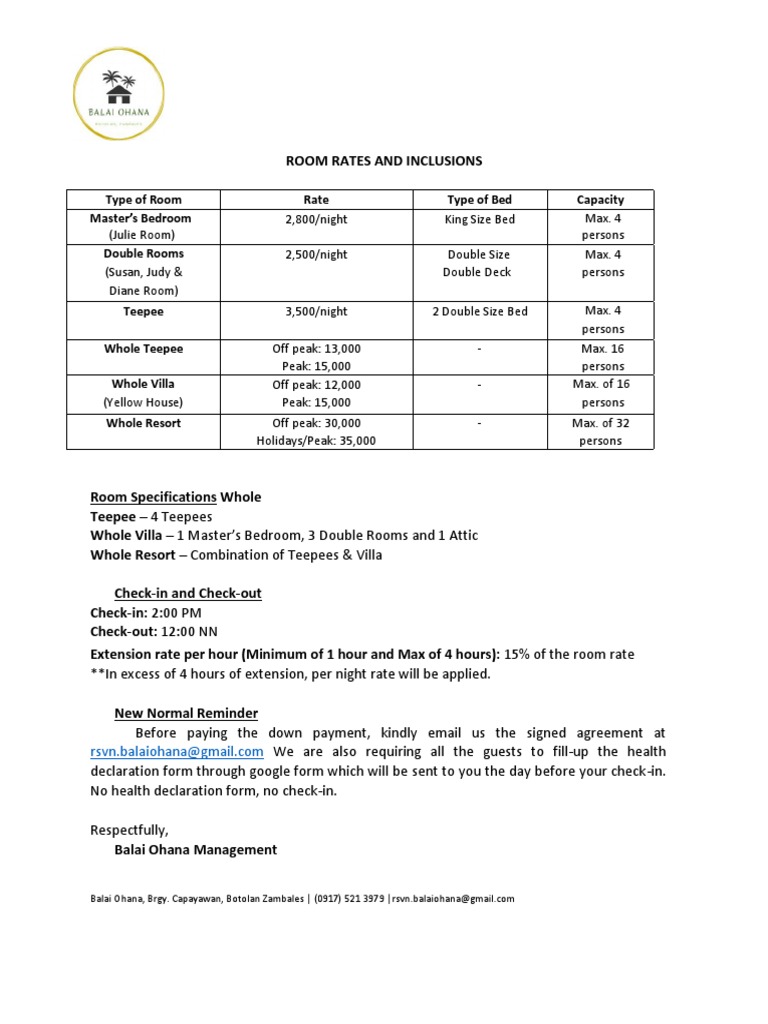 Balai Ohana Room Rates and Inclusions 2021 | PDF