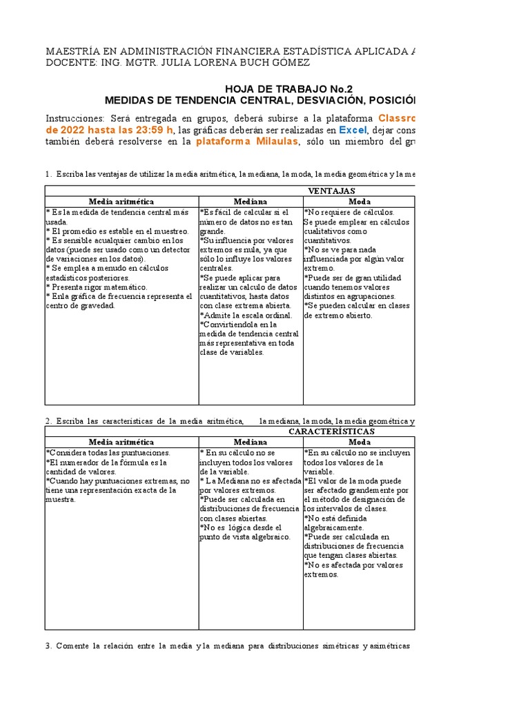 Hoja de Trabajo No.2 Ej 1 Al 9 | PDF | Media | Desviación Estándar