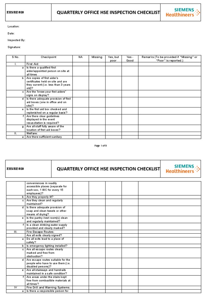 Quarterly Office HSE Inspection Checklist | PDF | Electrical Connector ...