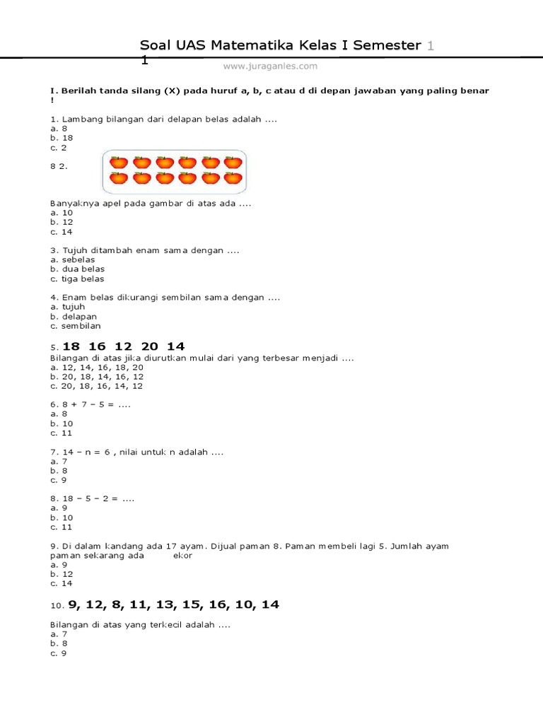 Soal UAS Matematika Kelas 1 Semester 1 | PDF | Olahraga & Rekreasi | Griya & Taman
