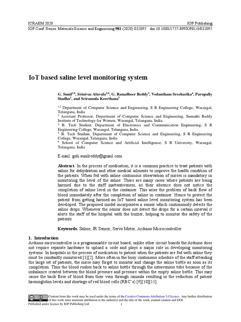 IoT Based Saline Level Monitoring System | PDF | Saline (Medicine ...