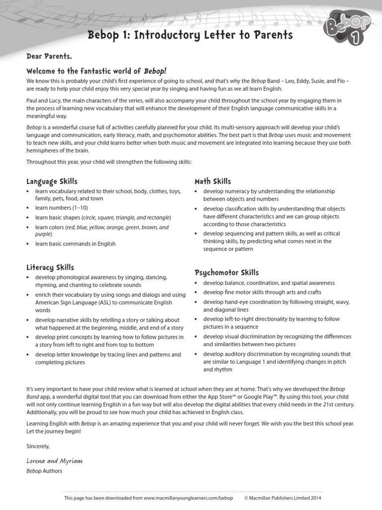 Bebop 1 Introductory Letter To Parents | PDF | Behavior Modification | Cognitive Psychology
