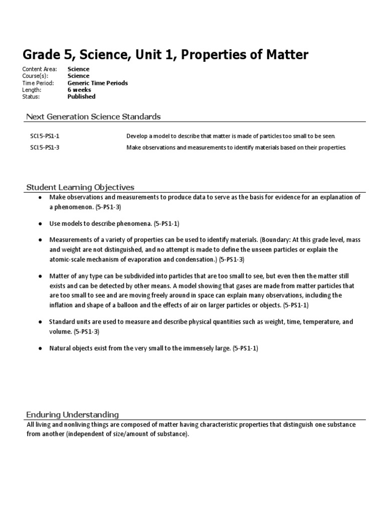 5th Grade Science Curriculum 2017 | PDF | Matter | Mass