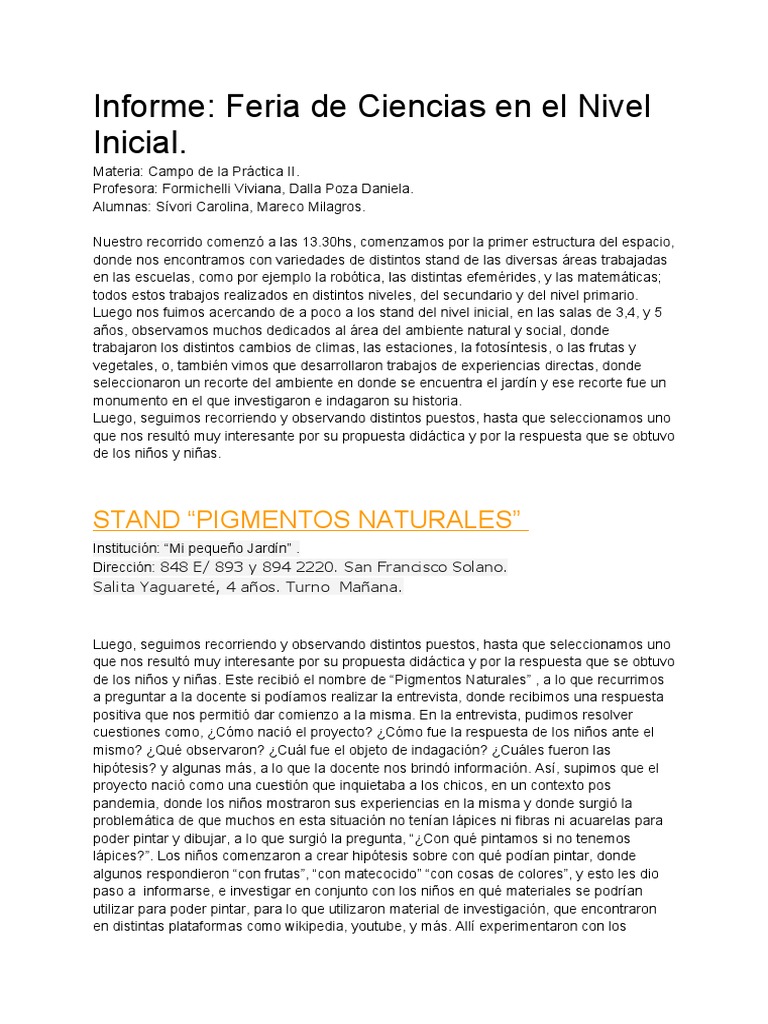 Informe - Feria de Ciencias en El Nivel Inicial | PDF | Artes del ...