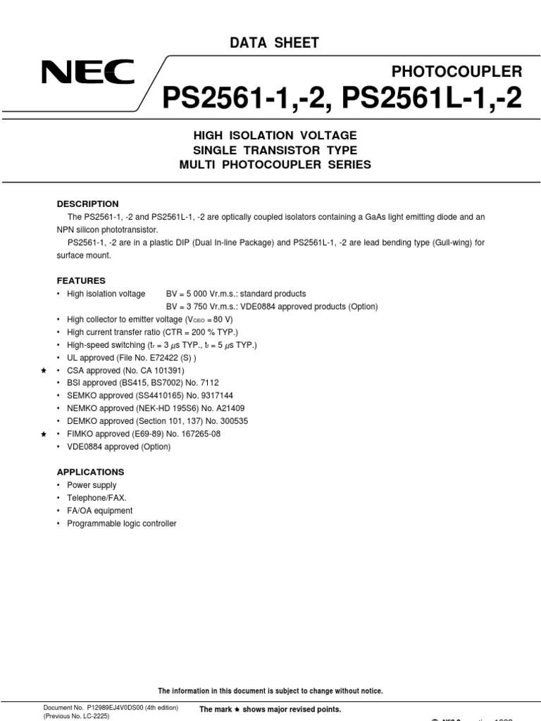 Datasheet 2561 PS2561-1-V | PDF | Quality (Business) | Transistor