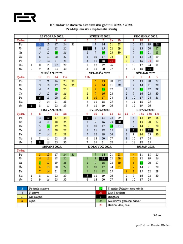 FER Kalendar Nastave 2022 2023 | PDF
