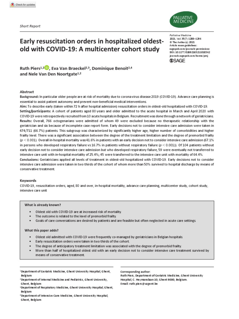 Early resuscitation orders in hospitalized oldest-old with COVID19 | PDF | Geriatrics | Chronic ...
