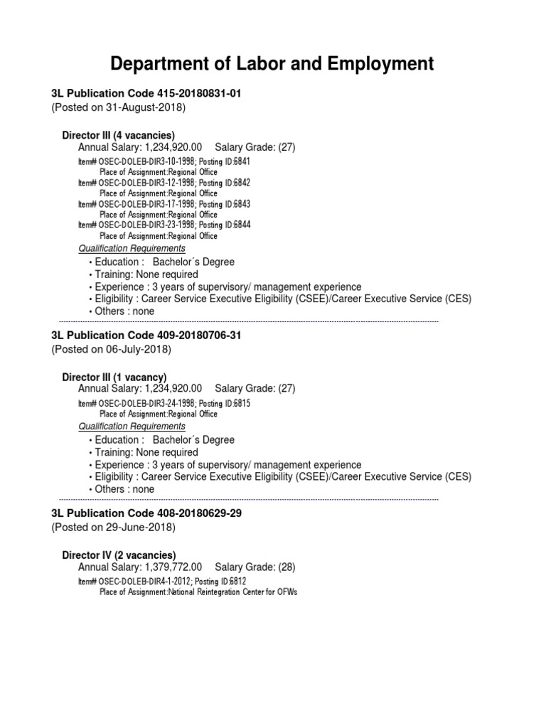 DOLE Job Openings for Directors and Executives | PDF | Employment | Labor