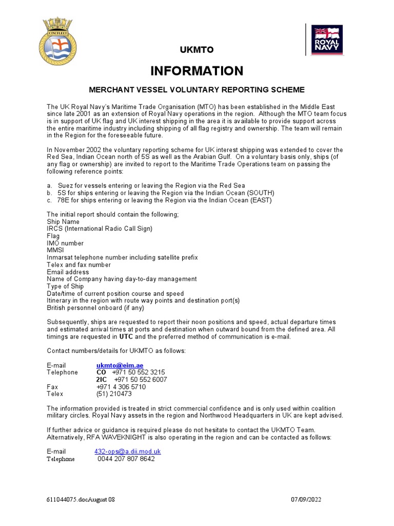 UKMTO Voluntary Reporting Scheme | PDF | Water Transport | Shipping