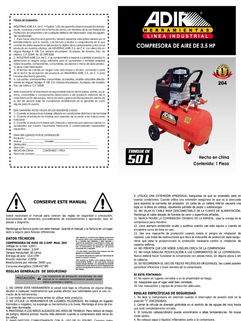 Instructivo de Compresora de Aire de 3.5 HP, Marca Adir. Modelo 204 | PDF