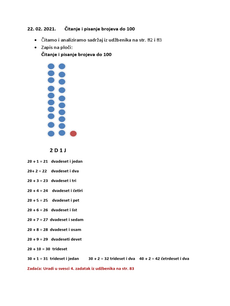 Čitanje I Pisanje Brojeva Do 100 | PDF