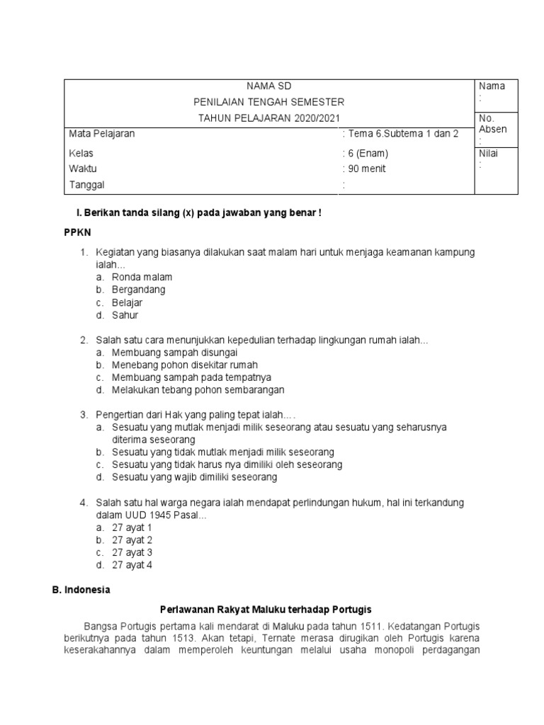 Soal PTS KELAS 6 TEMA 6 SUB 1 DAN 2 | PDF