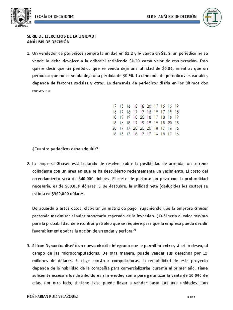 Serie de Ejercicios Analisis de Decisión 01-2020 | PDF | Compartir (Finanzas) | Teoría de decisiones