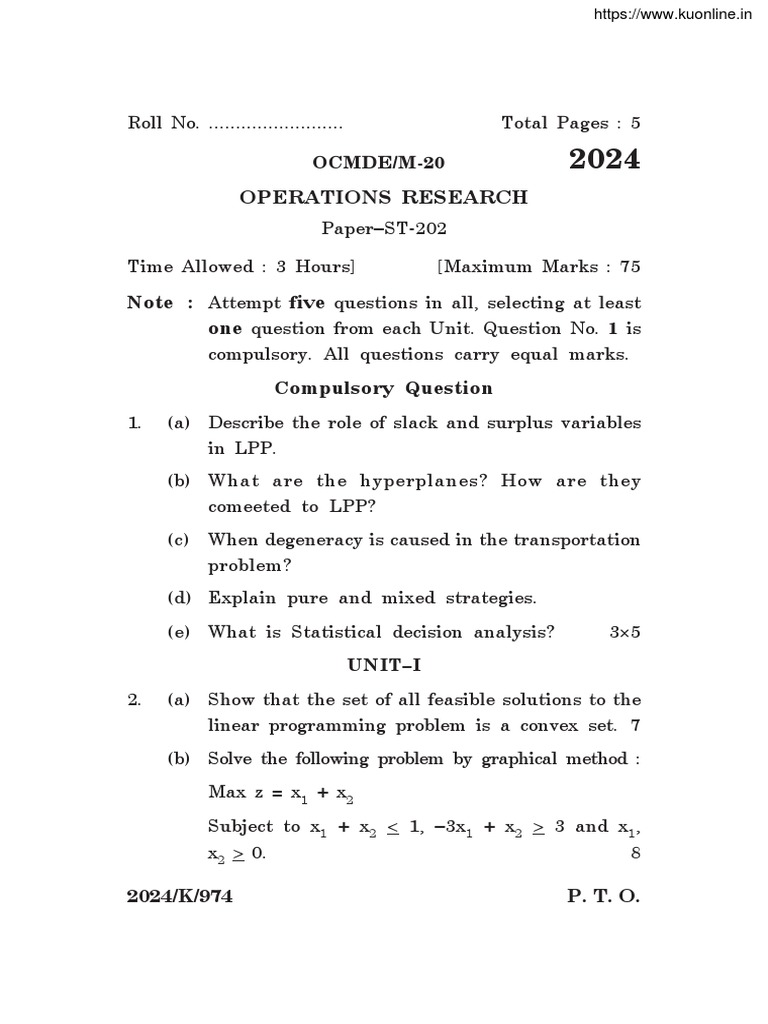 MSC 2 Sem Statistics Operations Research 2024 2020 | PDF | Linear Programming | Mathematical ...