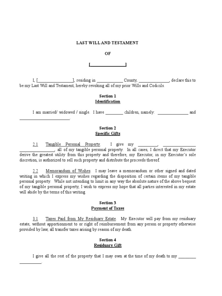 PDF Template Last Will Testament Template | PDF | Trust Law | Will And ...