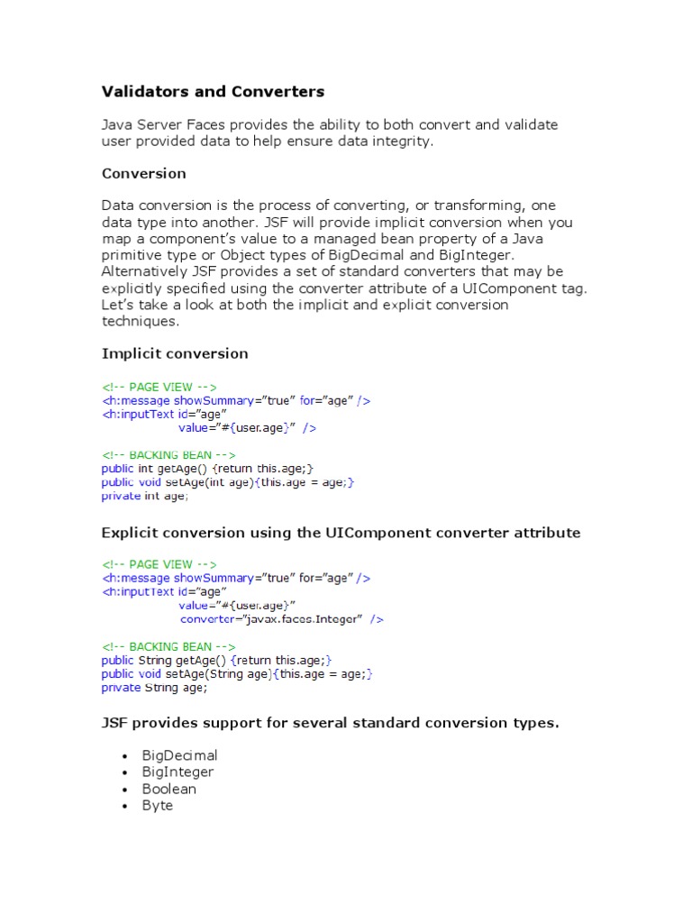 JSF Data Conversion and Validation Guide | PDF | Data Type | Class (Computer Programming)