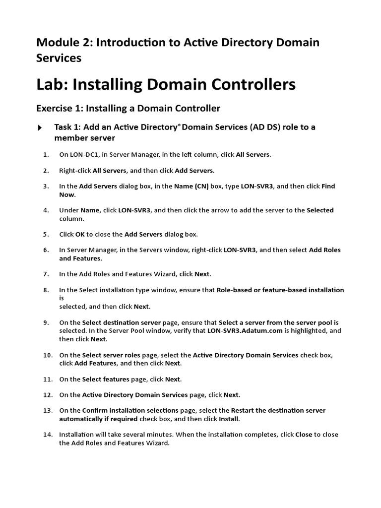 Module 2 Lab Installing Domain Controllers Pdf Utility Software Software Engineering