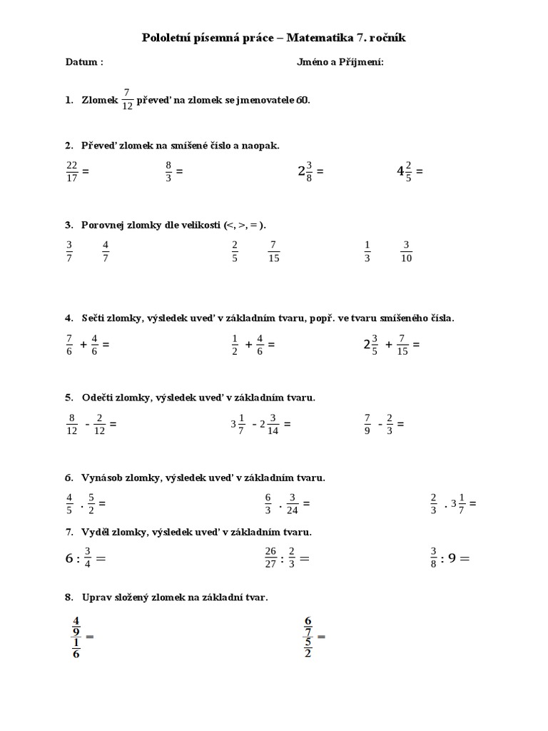 Pololetní Písemná Práce - Matematika 7. Ročník | PDF
