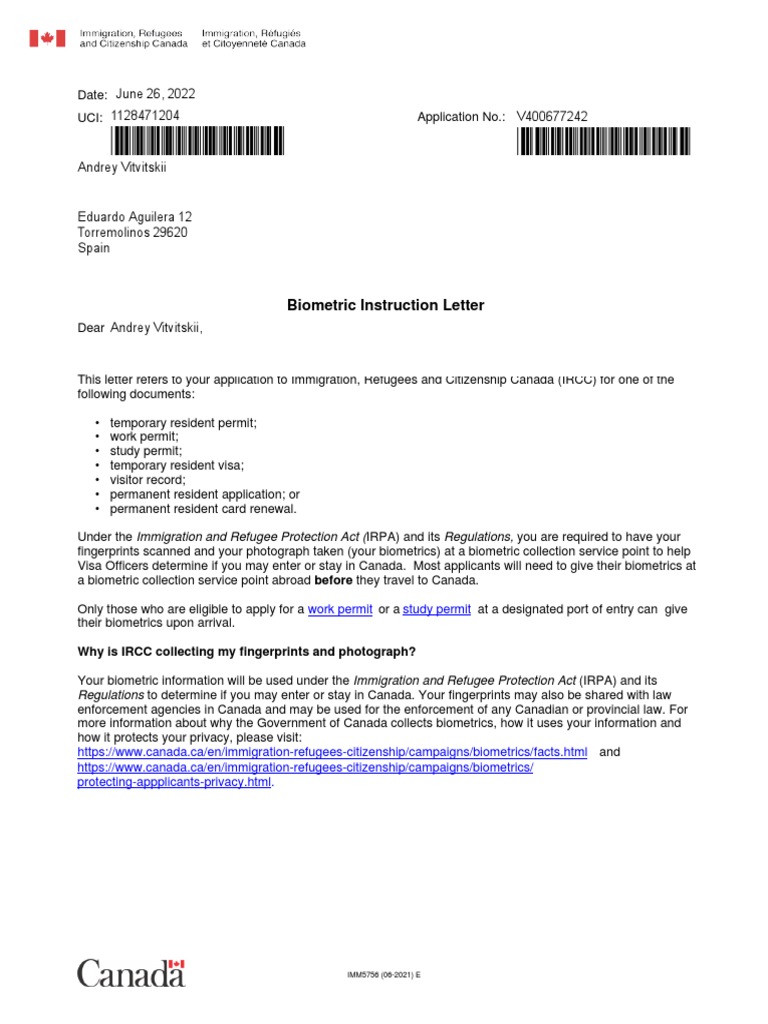 IRCC Biometric Letter Summary | PDF | Government | Immigration Law
