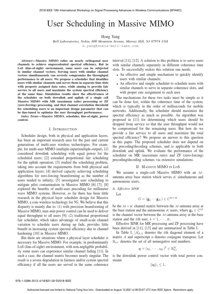 User Scheduling In Massive Mimo Pdf Mimo Telecommunications Engineering