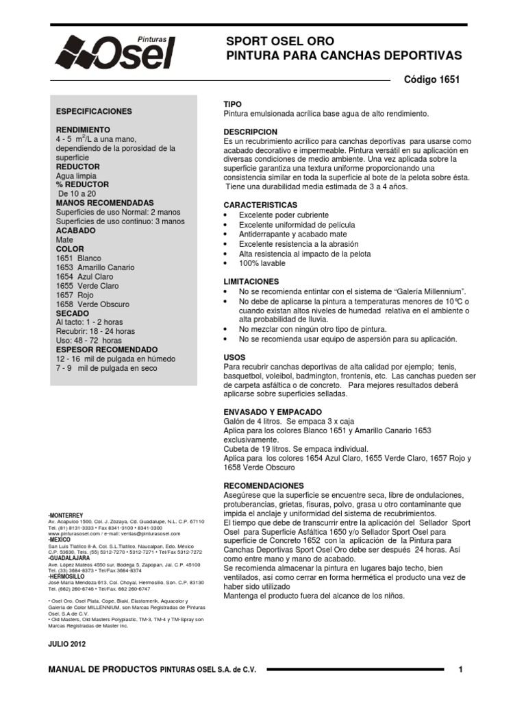 1651 Sport Osel Oro Pintura para Canchas Deportivas-7d6c | PDF ...