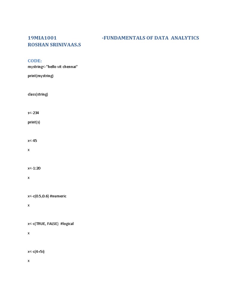 19MIA1001-FUNDAMENTALS OF DATA ANALYTICS Lab1 | PDF | Function (Mathematics) | Numbers