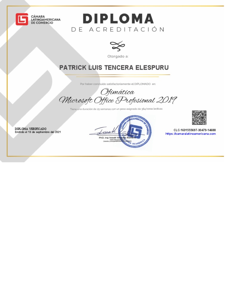 PATRICK LUIS TENCERA ELESPURU OFIMATICA 8211 MICROSOFT OFFICE 2019 Diploma de Ofimatica 2019 ...