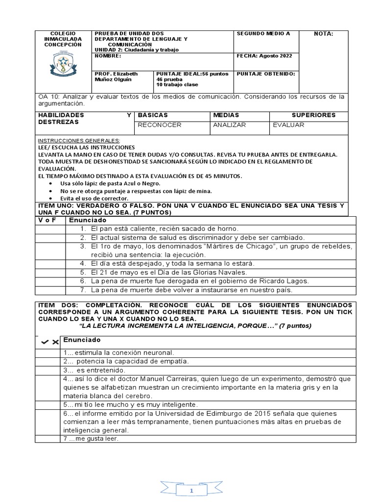 Prueba Segundo Medio | PDF