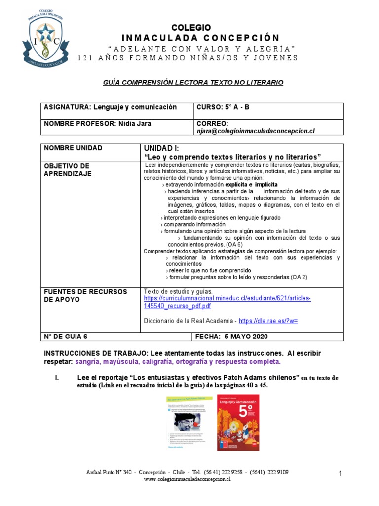 GUÍA 6 LECTURA DE TEXTO NO LITERARIO CON SOLUCIONARIO - 5to 2020 | PDF ...